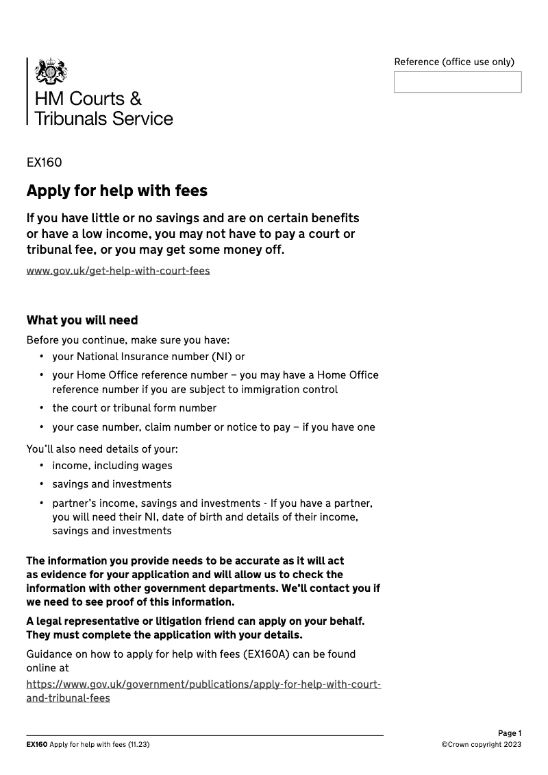 EX160 Application for help with fees