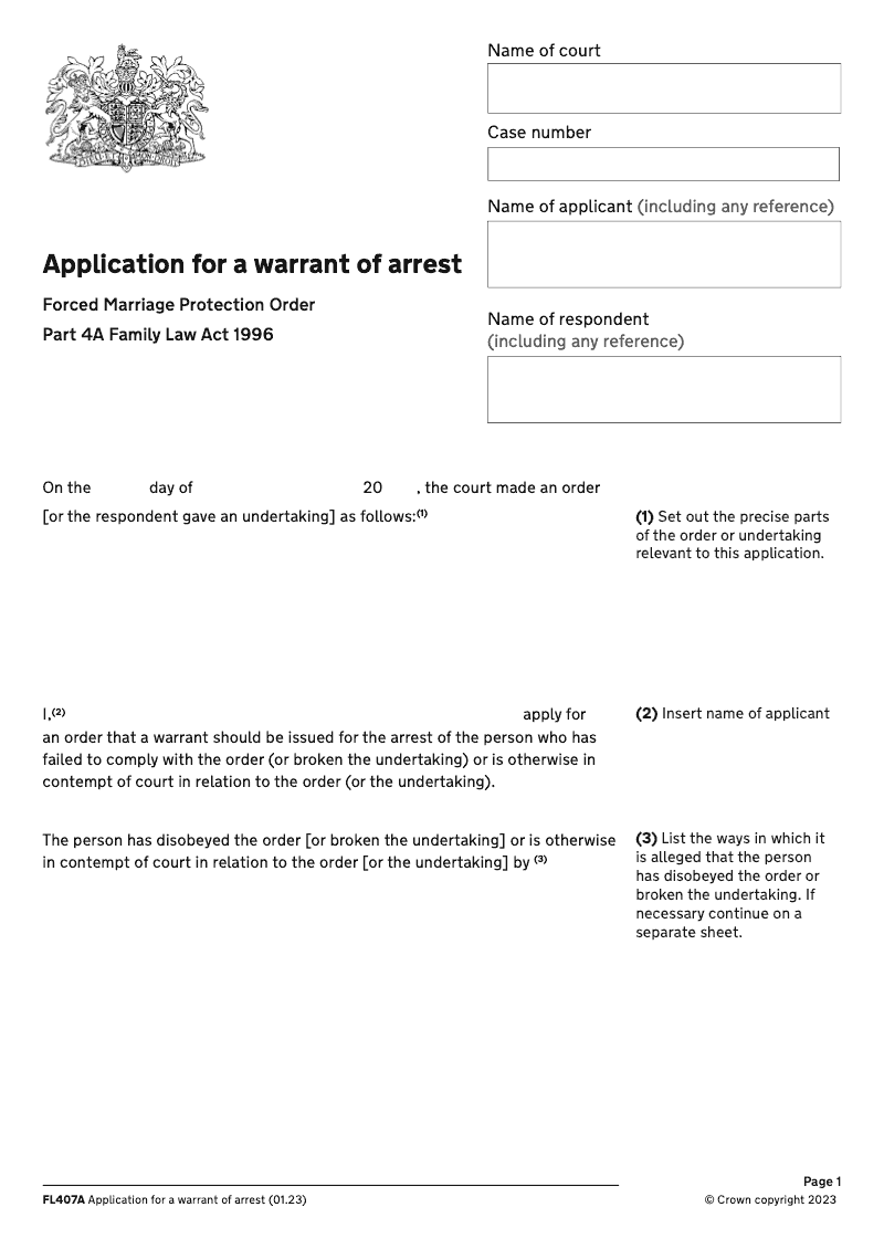 FL407A Application for a Warrant of Arrest (Forced Marriage Protection ...